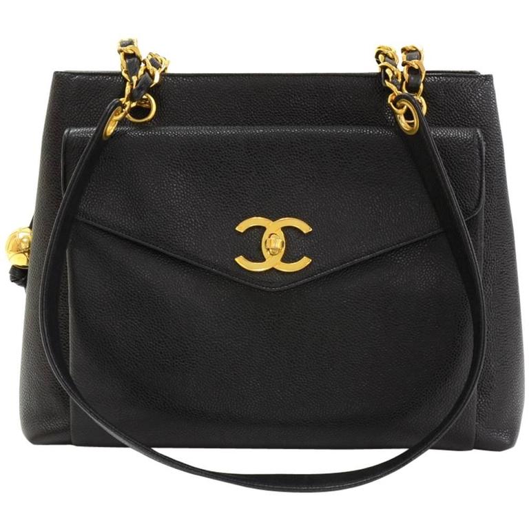 Chanel 12" Black Caviar Leather Medium Shoulder Tote Bag at 1stDibs