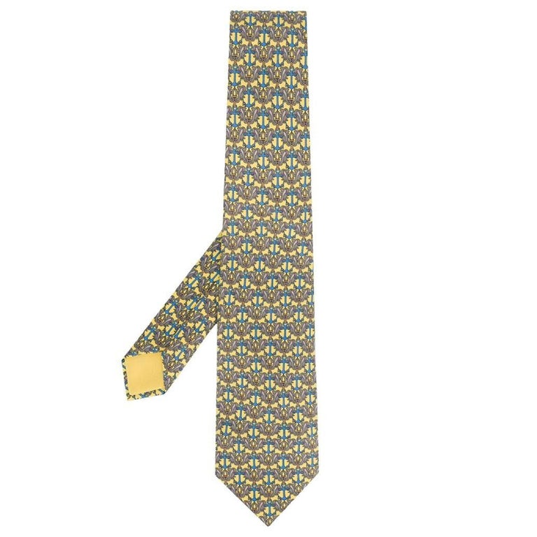 2000s Hermès Vintage yellow silk tie with blue and dove-grey print at ...