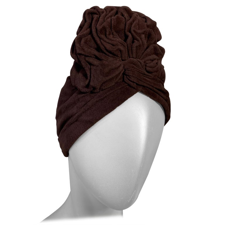1930 Chocolate Brown Velvet Ruched Crown Peaked Turban at 1stDibs