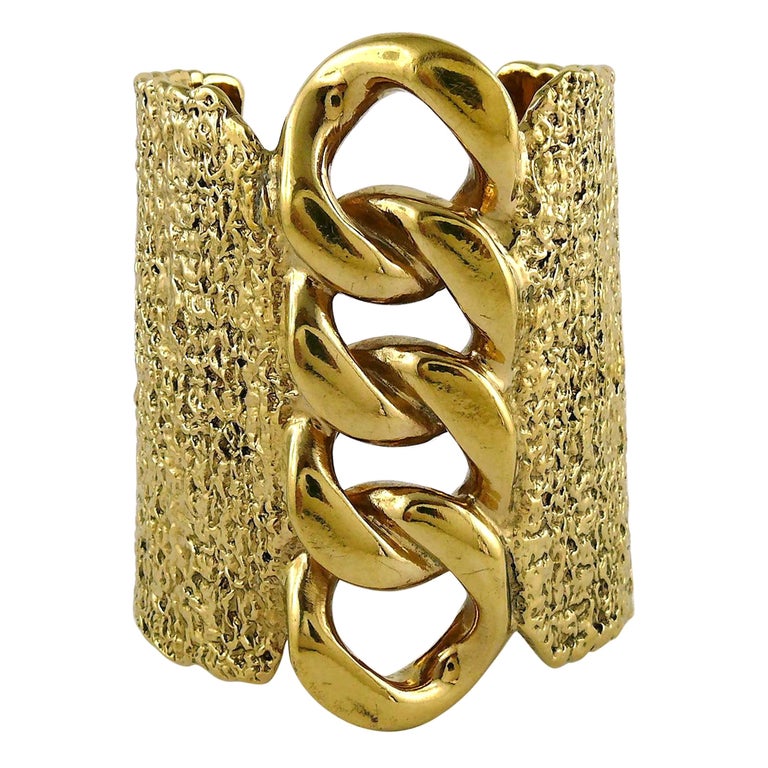 YVES SAINT LAURENT YSL Massive Gold Toned Chain Cuff Bracelet For Sale ...