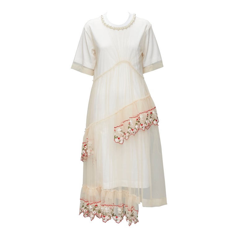 SIMONE ROCHA nude sheer floral embroidered tulle pearl collar dress S ...
