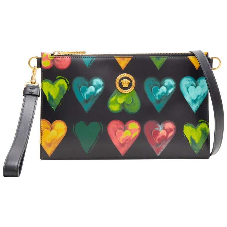 new VERSACE Jim Dine heart print blac kleather Medusa zip clutch ...