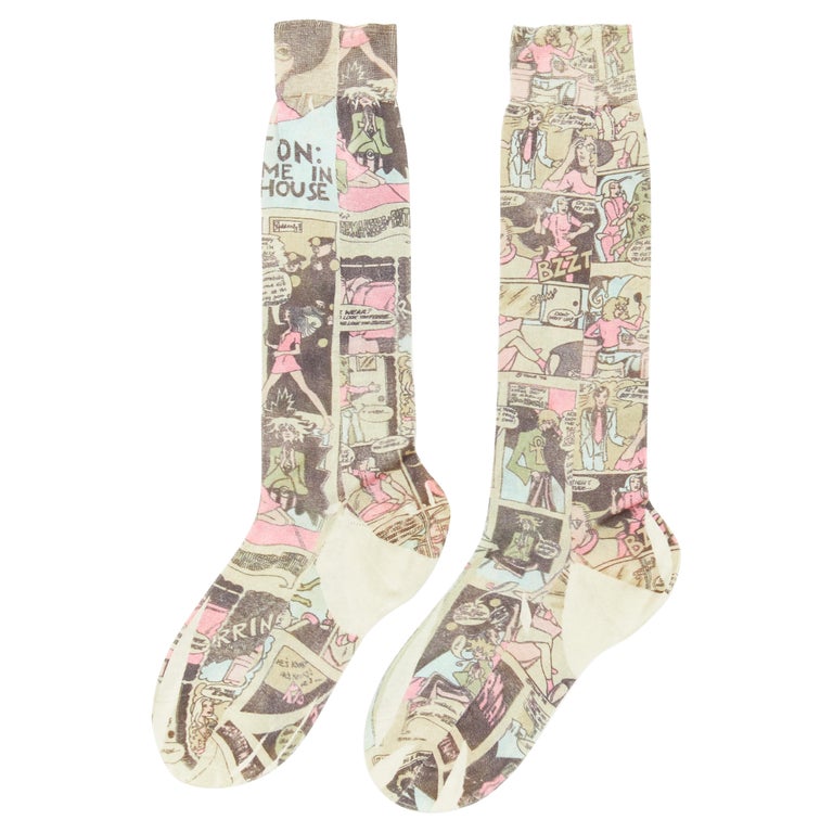 rare PRADA Runway Comic print cotton long socks For Sale at 1stDibs