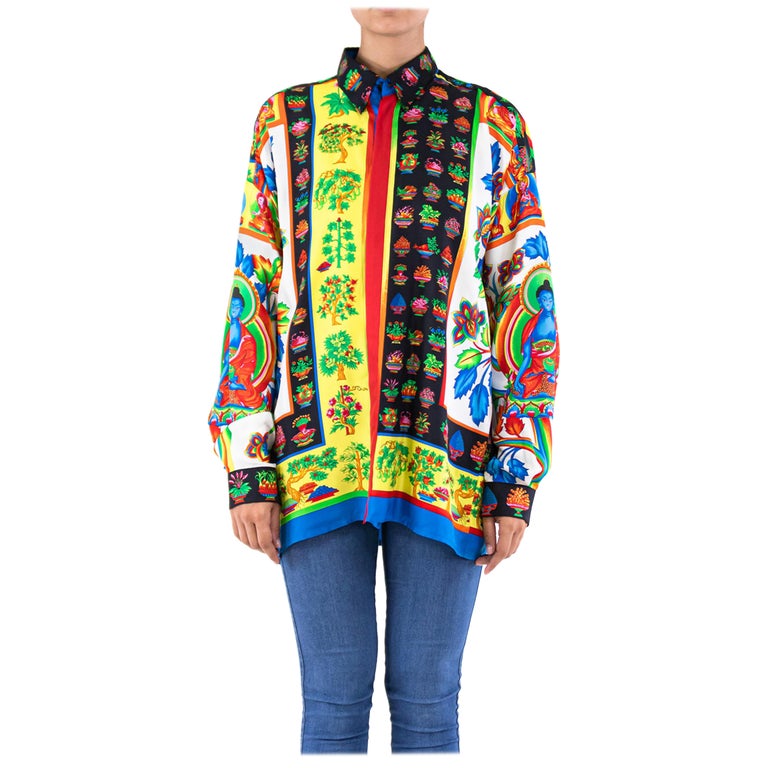 1990S VERSACE Silk Buddha Print Blouse For Sale at 1stDibs