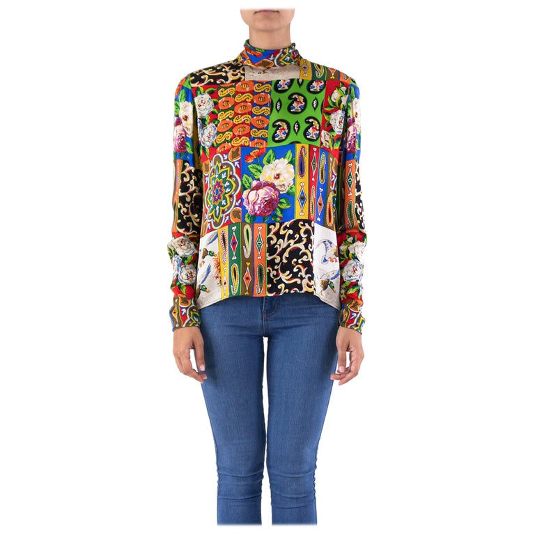1980'S Floral Tile Print Blouse For Sale at 1stDibs