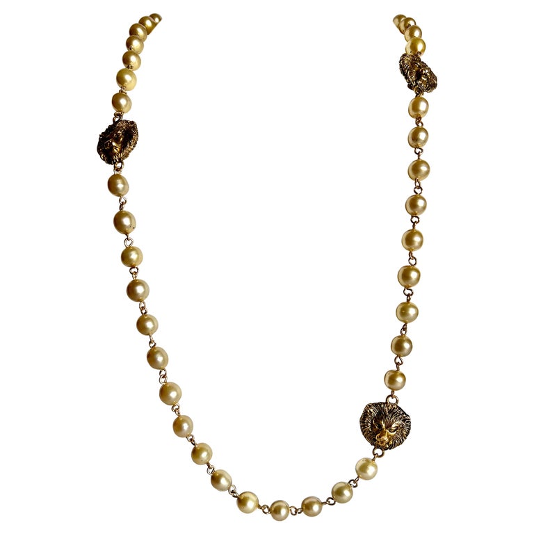 Vintage Coco Chanel Lion Medallion Pearl Necklace at 1stDibs