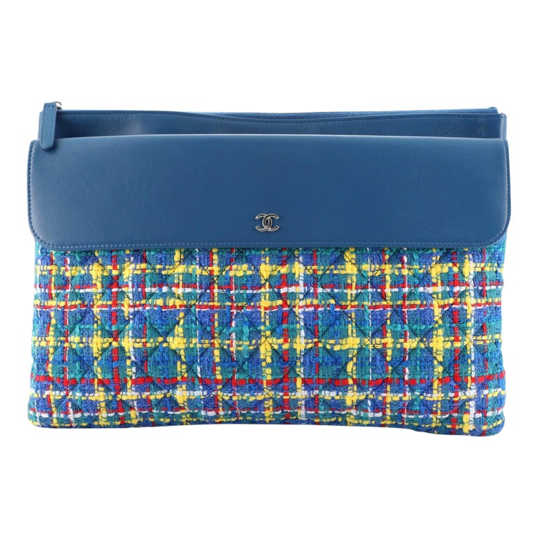 Chanel Pocket Zip Pouch Quilted Lambskin with Tweed Large at 1stDibs