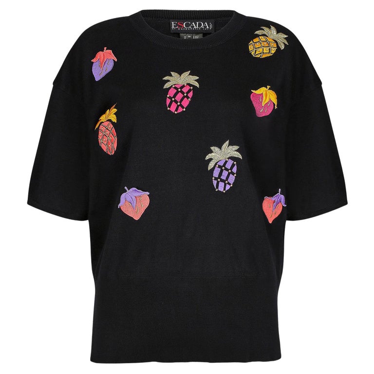 1990s Escada Navy Embroidered Fruit Salad Top For Sale at 1stDibs