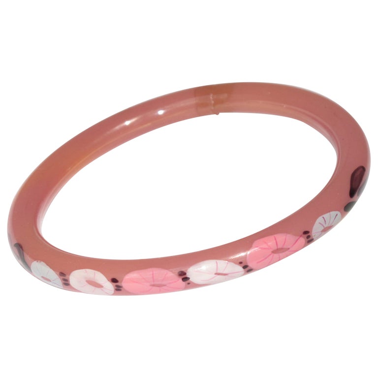 French Art Deco Pink Celluloid Bracelet Bangle with Floral Design For ...