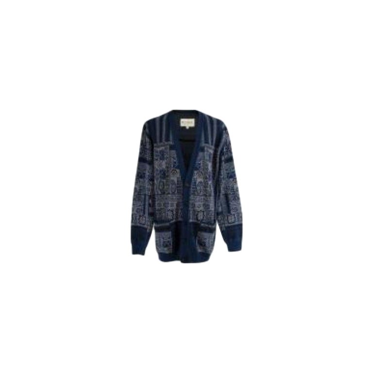 Blue Paisley Intarsia Cotton Knit Cardigan For Sale at 1stDibs