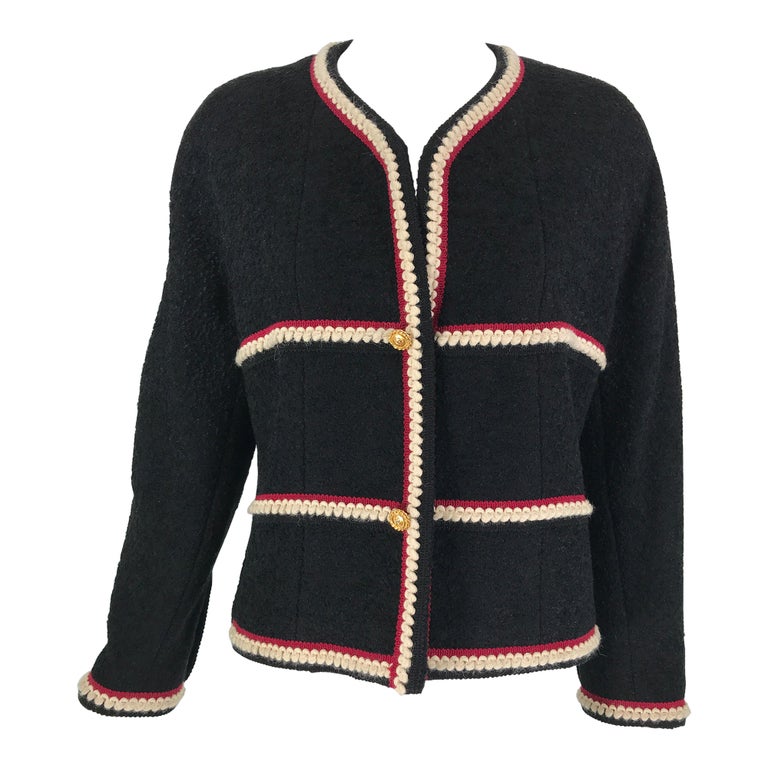 Chanel White and Wine Braid Trim Black Boucle Jacket 42 For Sale at 1stDibs