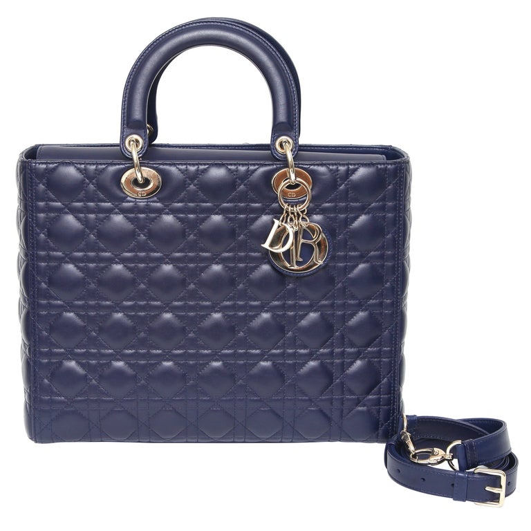 CHRISTIAN DIOR Navy Blue Cannage Large Lady Dior Gold Top Handles ...