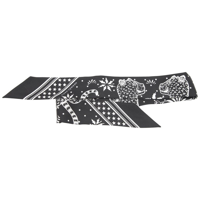 HERMES Silk Twilly Scarf Black White LES LEOPARDS Animal Paisley For ...