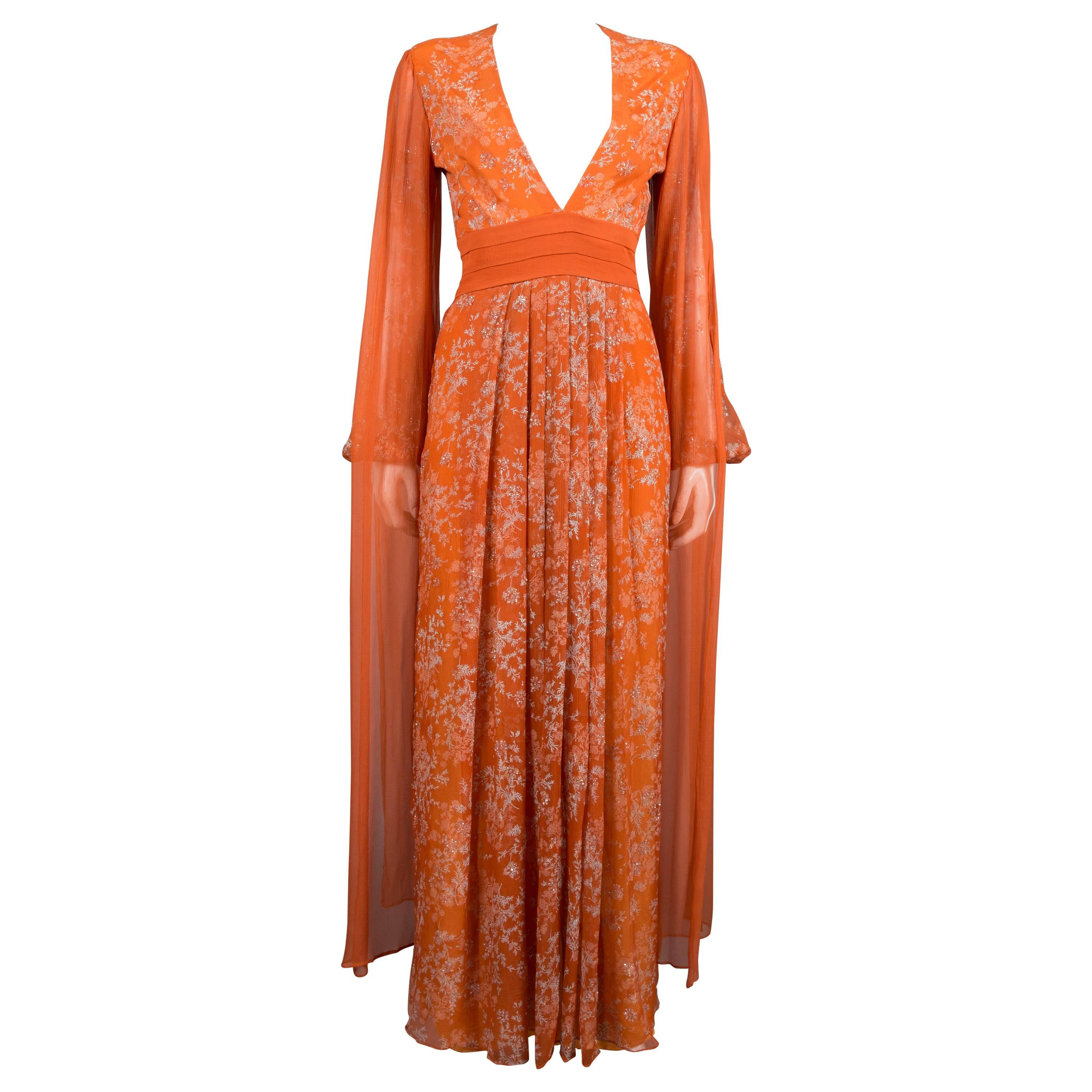 Thea Porter Couture silk chiffon evening dress with extra long sleeves ...