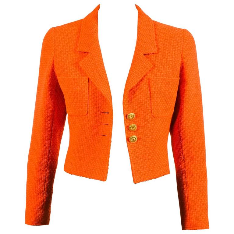 Chanel 97C Orange Tweed Gold Button Notch Collar Crop Jacket *SZ 38 ...