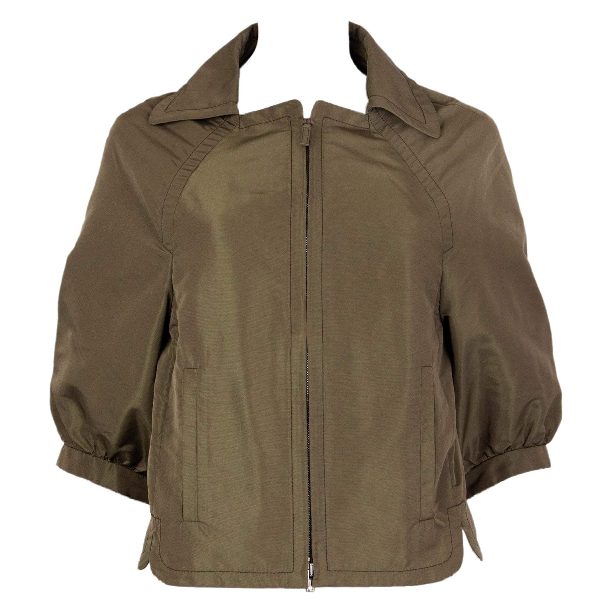 MIU MIU olive green polyester 3/4 SLEEVE CROPPED WINDBREAKER Jacket 42 ...