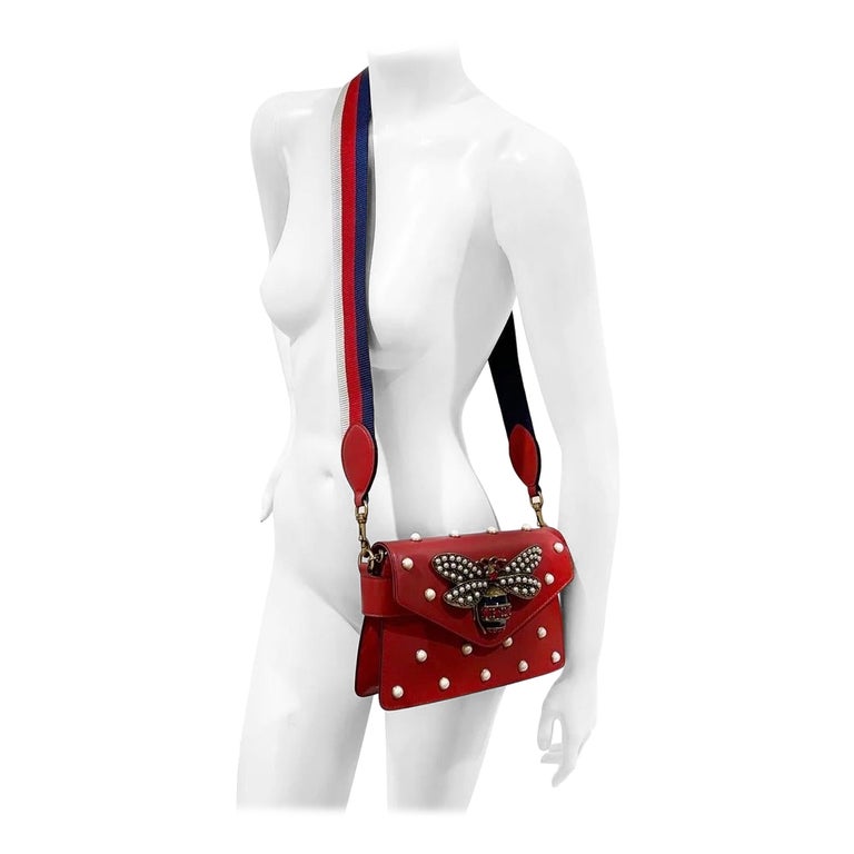 Gucci Red Leather Pearl Studded Mini Broadway Bee Envelope Bag For Sale ...