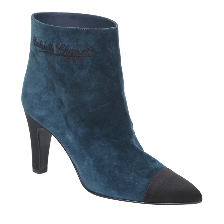 CHANEL Blue Suede Ankle Boot Black Pointed Cap Toe Gabrielle Coco Sz 38 ...