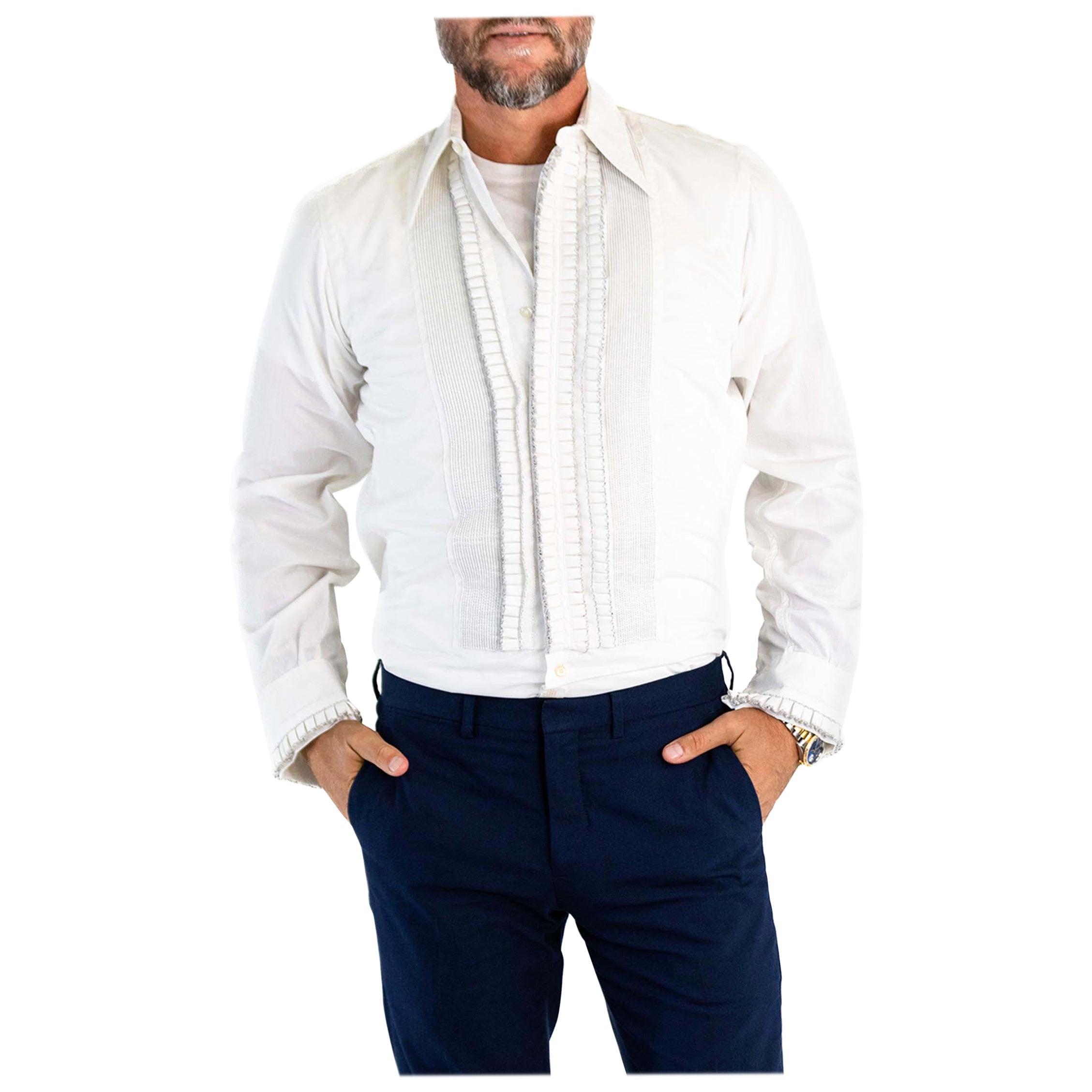1970S White Formal Wear Tuxedo Shirt With Textured Ruffles For Sale at ...