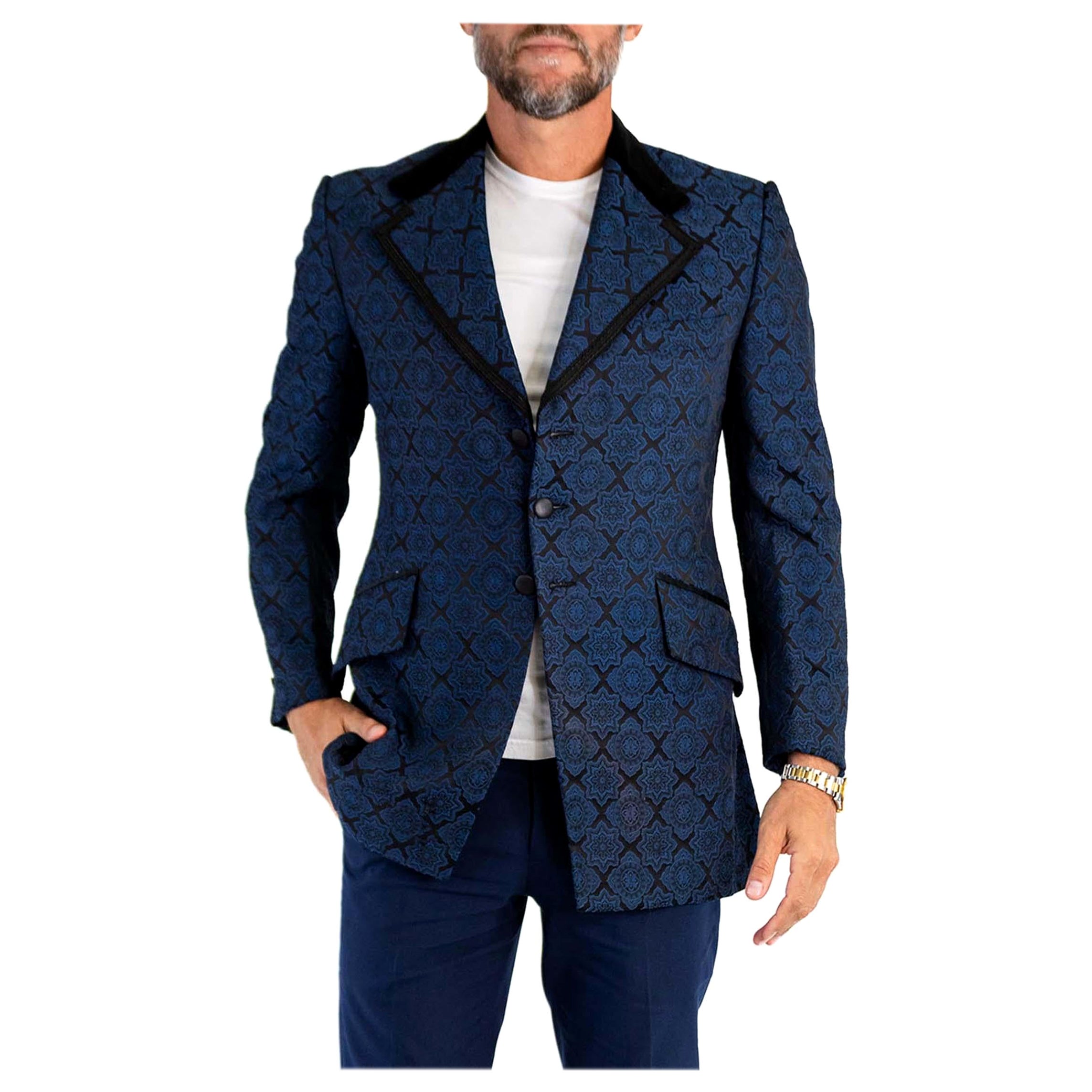 1970S Navy Blue Poly Blend Jacquard Dinner Jacket With Black Velvet ...