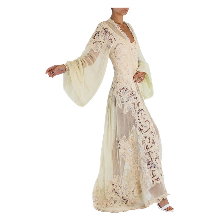 MORPHEW ATELIER Cream Cotton Net and Handmade Victorian Tape Lace Gown ...