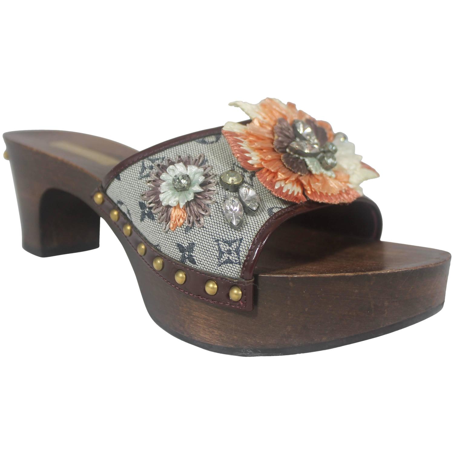 Louis Vuitton Grey Monogram Clog w/ Rhinestone and Floral Raffia Decor ...