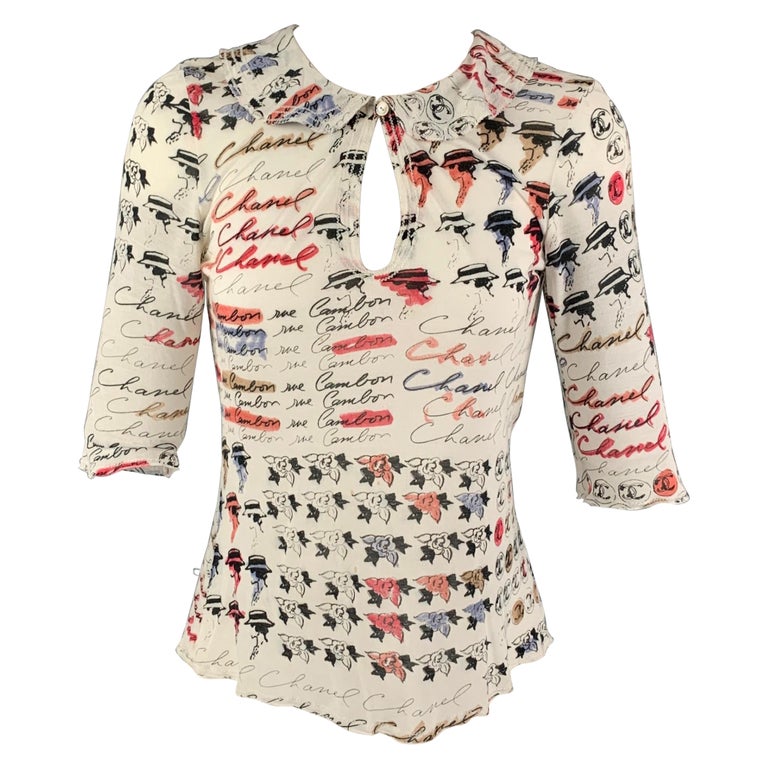 CHANEL Size S Off White Multi-Color Modal Vintage Font Print 3/4 ...