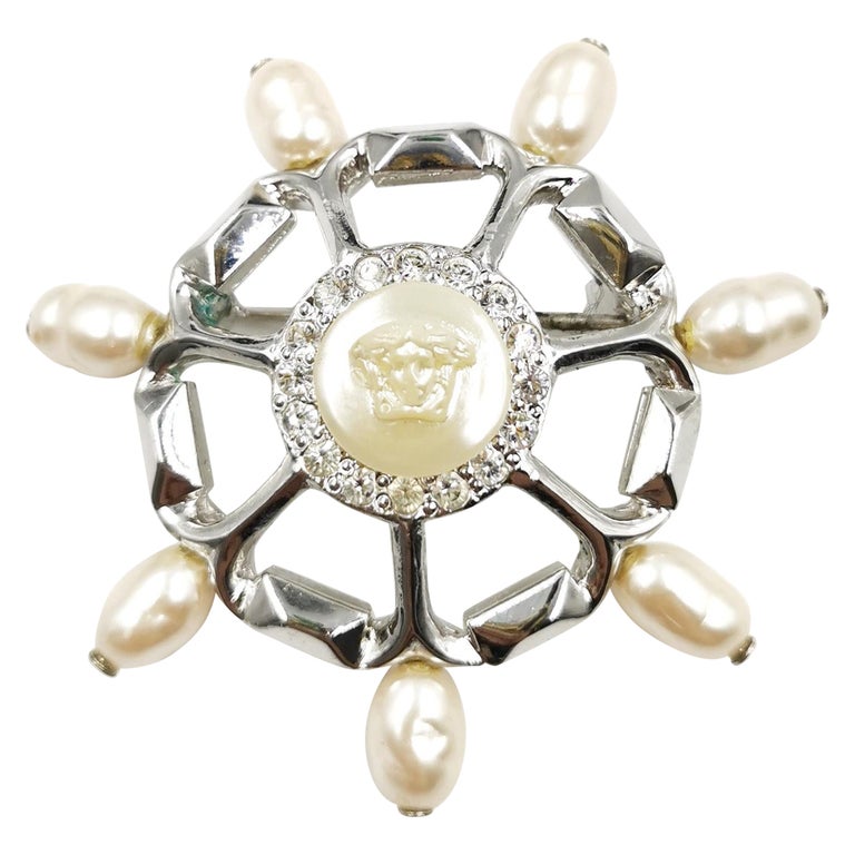 1990's Gianni Versace Silver Ridder Helm Pearl Medusa Brooch Pin RARE ...