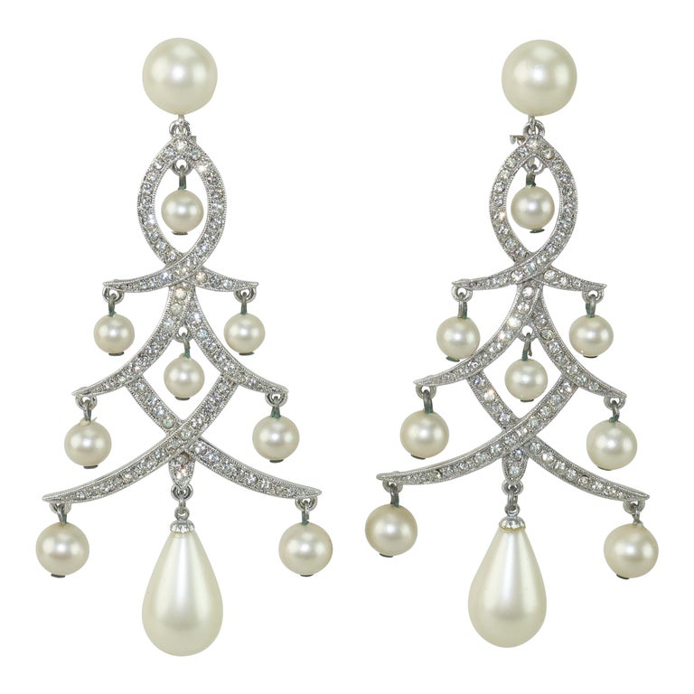 Marvella Pearl and Rhinestone Chandelier Earrings, 1950’s For Sale at ...