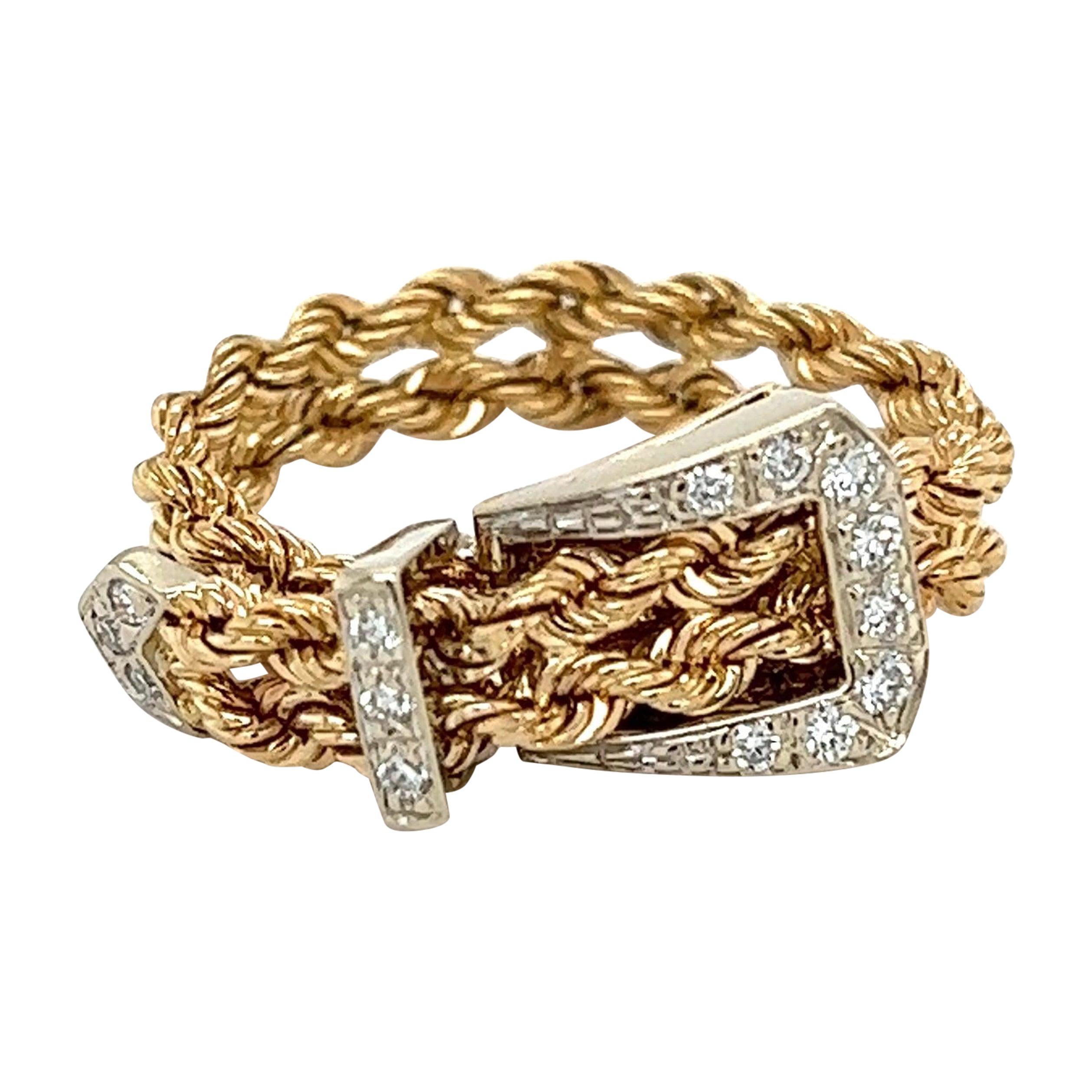 14K Gold Vintage Mesh Diamond Buckle Ring For Sale at 1stDibs