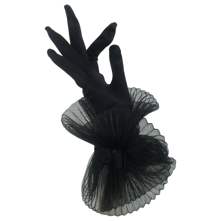 Gianni Versace Black Satin Ruffled Evening Gloves at 1stDibs