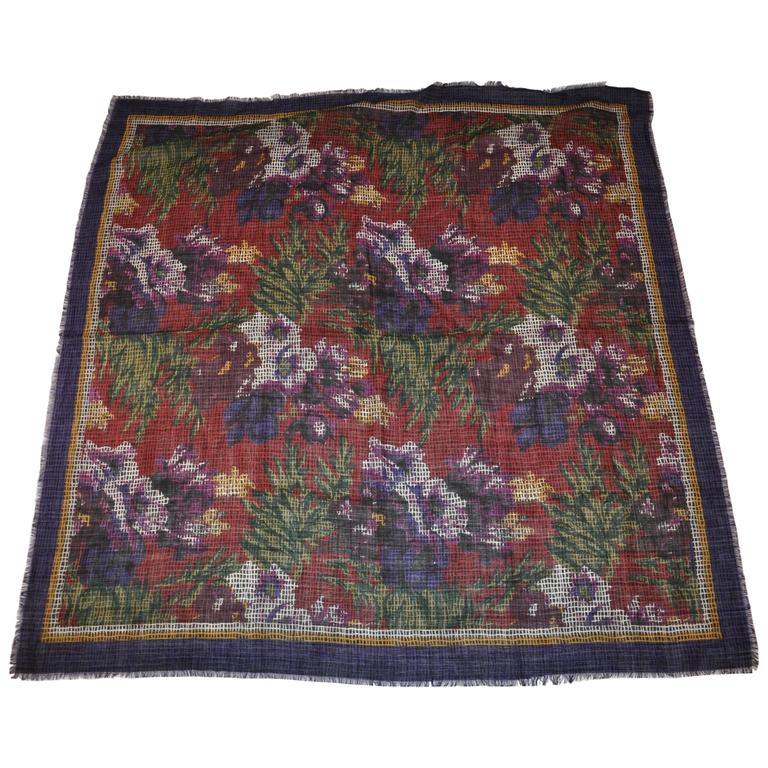 Large Multi-Color Wool Challis with Fringe Scarf For Sale at 1stDibs