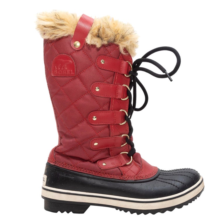 Sorel Red and Black Textile and Faux Fur Waterproof Boots For Sale at ...