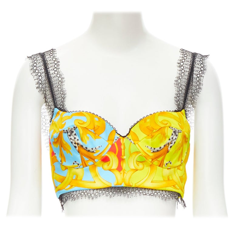 new VERSACE Barocco Acanthus Pop print lace trim boned bustier bra top ...