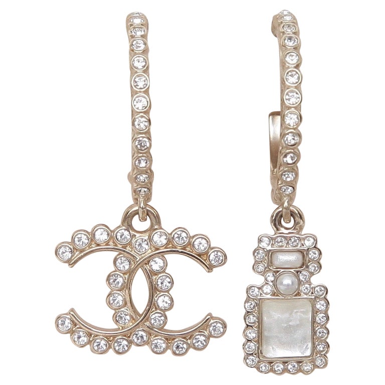 CHANEL Gold CC Earrings Perfume Bottle Crystals Pierced Drop Hoop ...