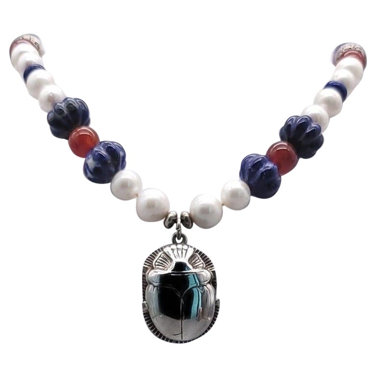 A.Jeschel Freshwater Pearl and Lapis necklace with a silver scarab ...