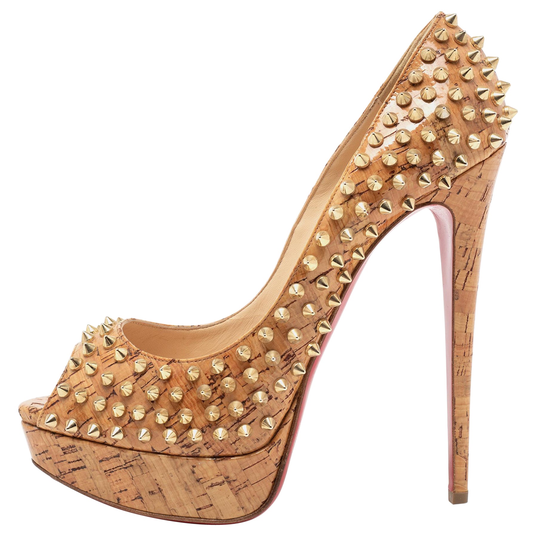Christian Louboutin Beige Cork Lady Peep Toe Spike Platform Pumps Size ...
