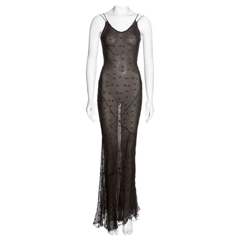 John Galliano brown embroidered bias cut silk chiffon evening dress, ss ...