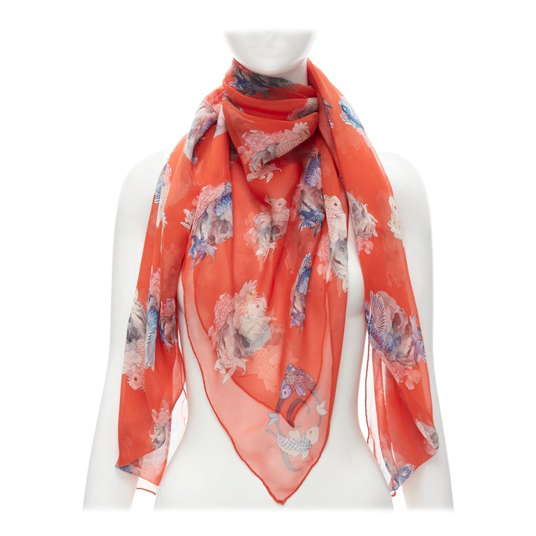 ALEXANDER MCQUEEN 100% silk red koi fish skeleton skull print scarf For ...