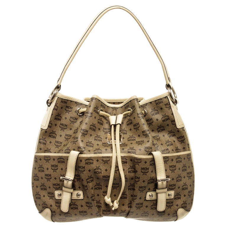 MCM Beige Visetos Canvas Leather Drawstring Shoulder Bag For Sale at ...
