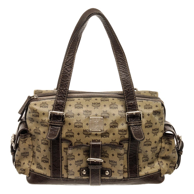 MCM Brown Monogram Boston Bag For Sale at 1stDibs