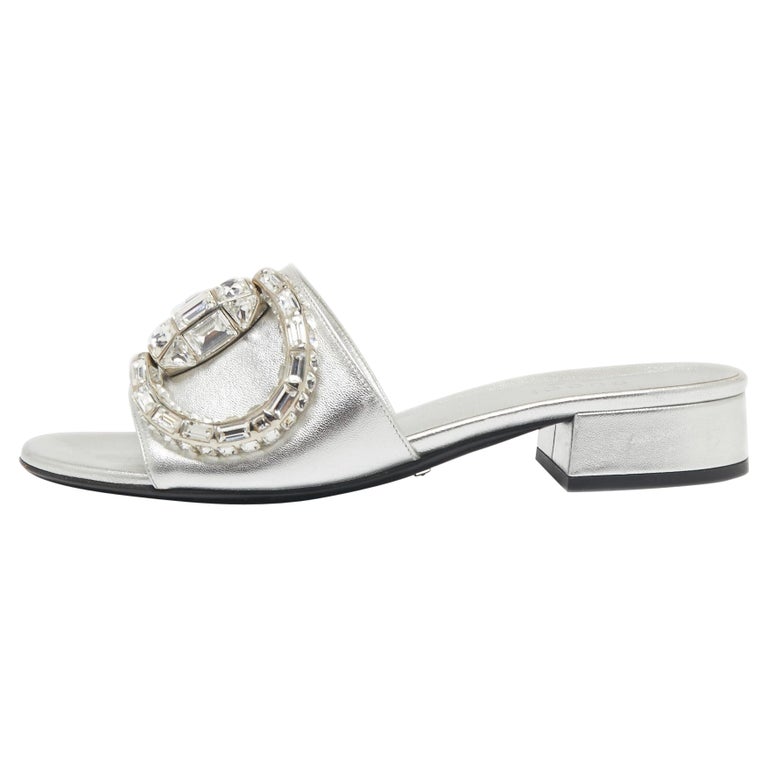 Gucci Silver Leather Maxime Horsebit Crystal Embellished Slide Sandals ...