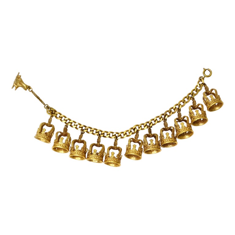 Vintage Charm Bracelet Gold Crowns and Frog Prince For Sale at 1stDibs