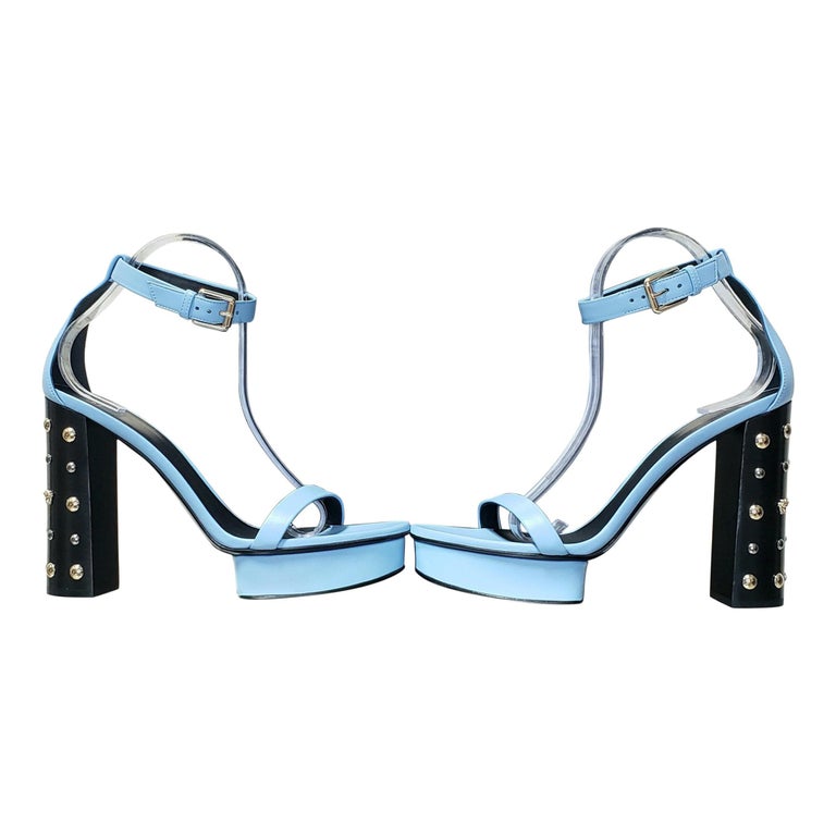 VERSACE BLUE LEATHER SANDALS w/GOLD MEDUSA STUDS 7.5 For Sale at 1stDibs
