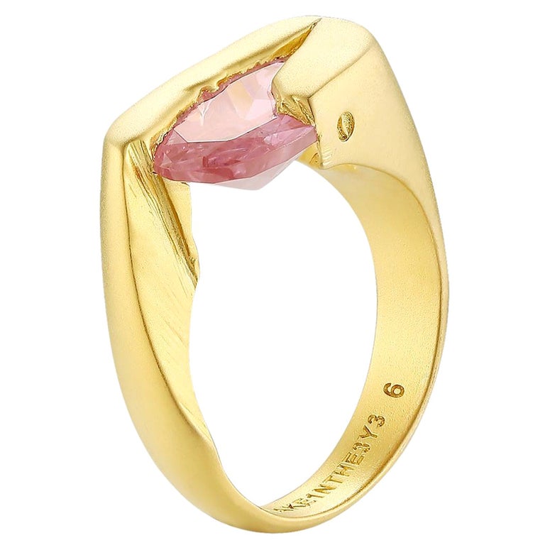 Pink Stone in Broken Brick - 14k gold pinky ring For Sale at 1stDibs