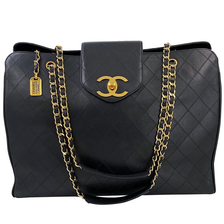 Chanel 1996 Vintage Black Quilted Supermodel XL Weekender Tote Bag 24k ...