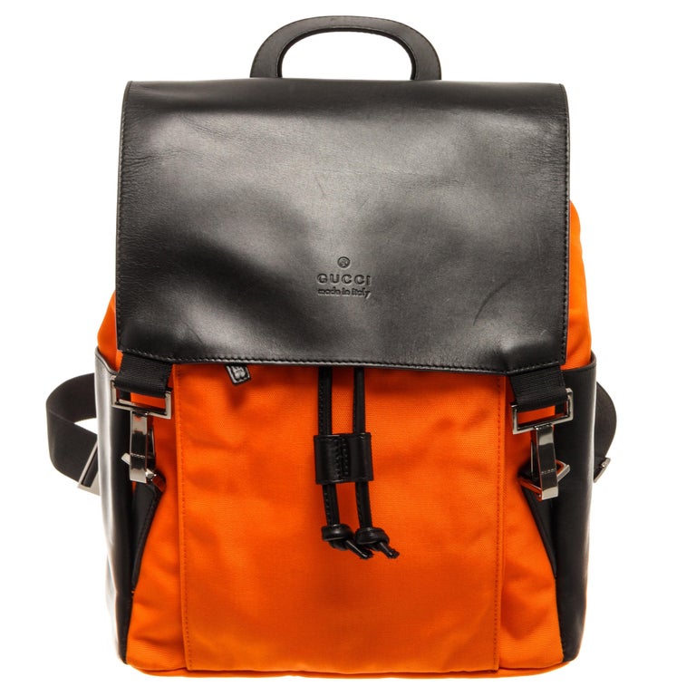 Gucci Black and Orange Leather Nylon Backpack For Sale at 1stDibs