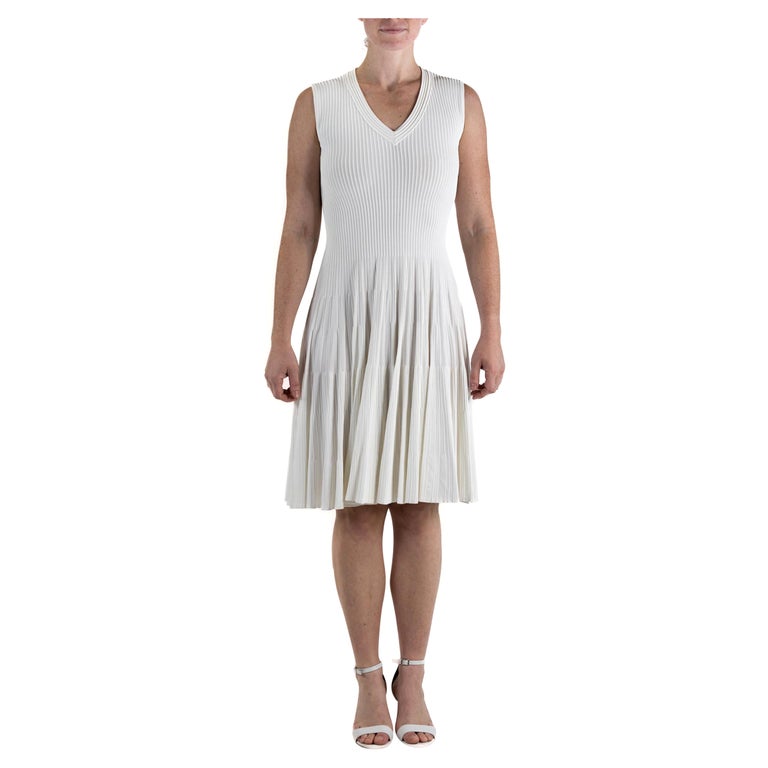 2000S AZZEDINE ALAIA White Rayon Blend V Neck Ribbed Dress For Sale at ...