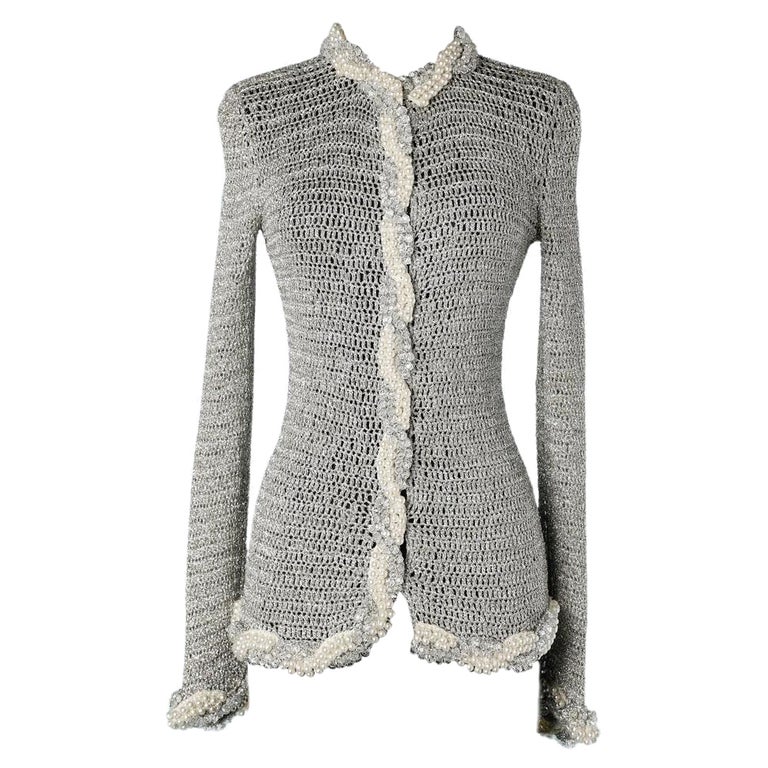 Silver lurex knitted cardigan beaded on the front Loris Azzaro Paris ...