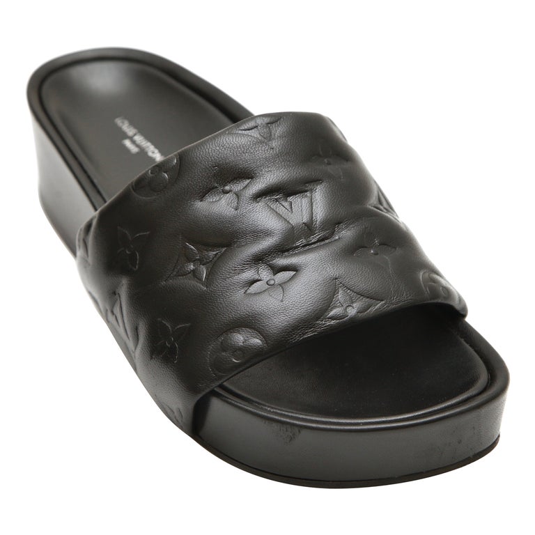 LOUIS VUITTON Black Leather LV Logo Slide Platform Wedge Sandal Shoe Sz ...